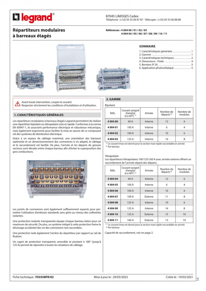 Legrand distribution block technical documentation, page 1