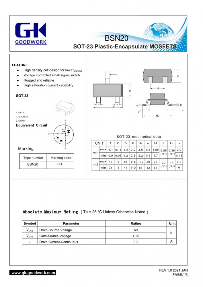 BSN20 datasheet page 1