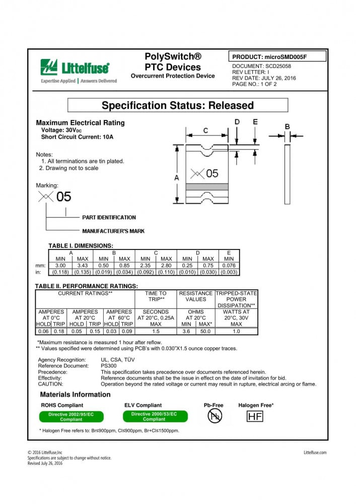 MICROSMD005F-2 technical document page 1