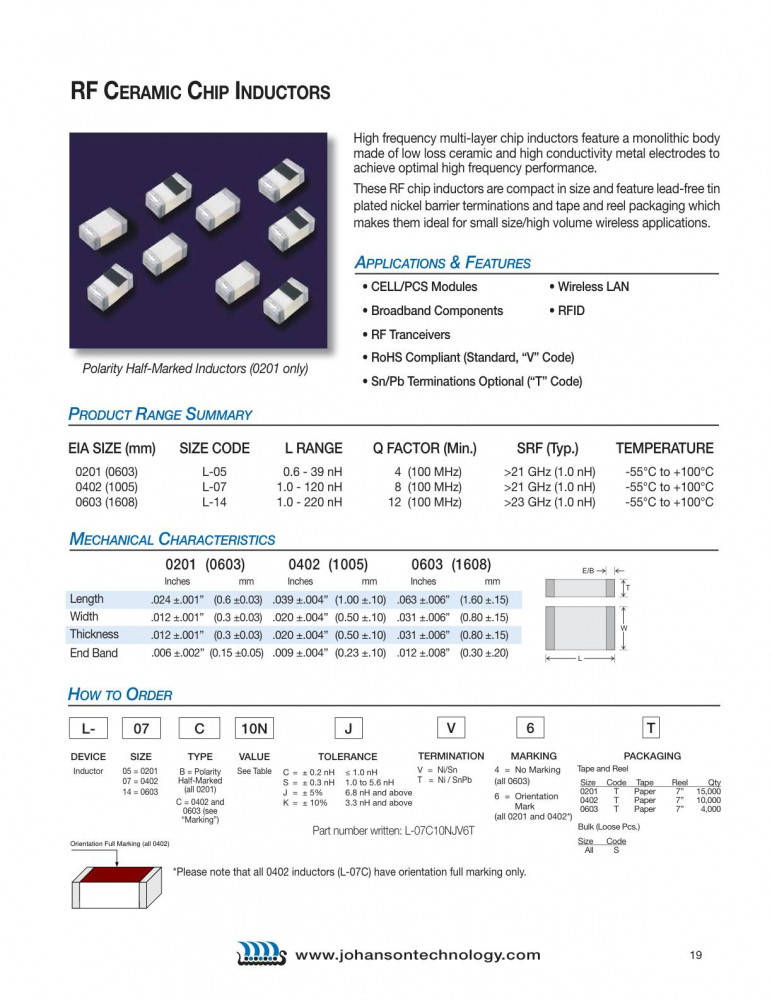 Johanson Dielectrics RF ceramic chip inductor document page 1