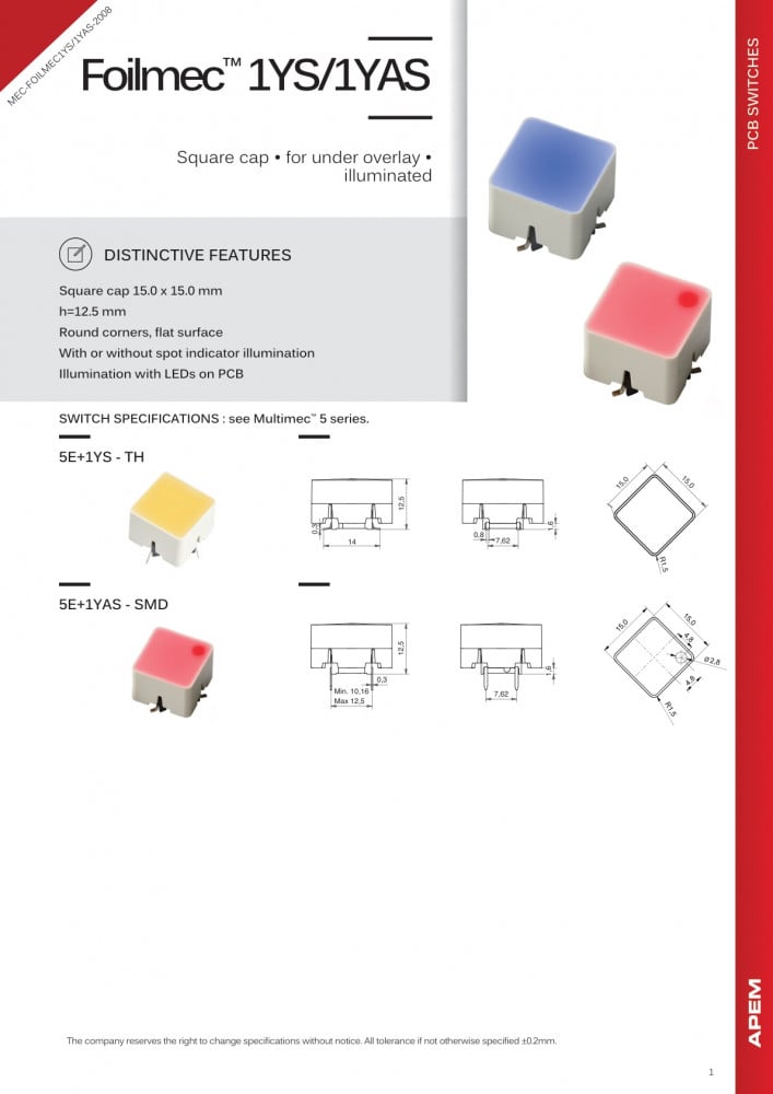 APEM 5ESH935 technical document page 1