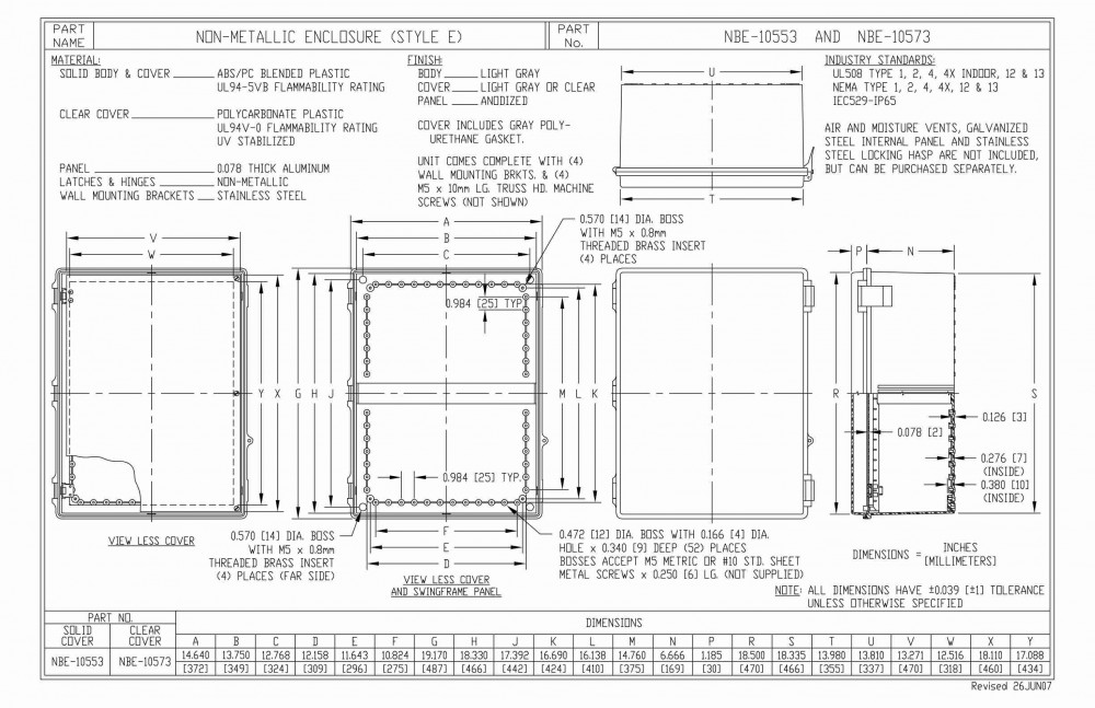 Bud Industries NBE-10553 and NBE-10573 Style E enclosure technical drawing