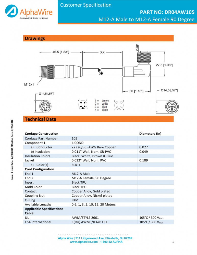 Alpha Wire DR04AW105 SL401 technical drawing page 1