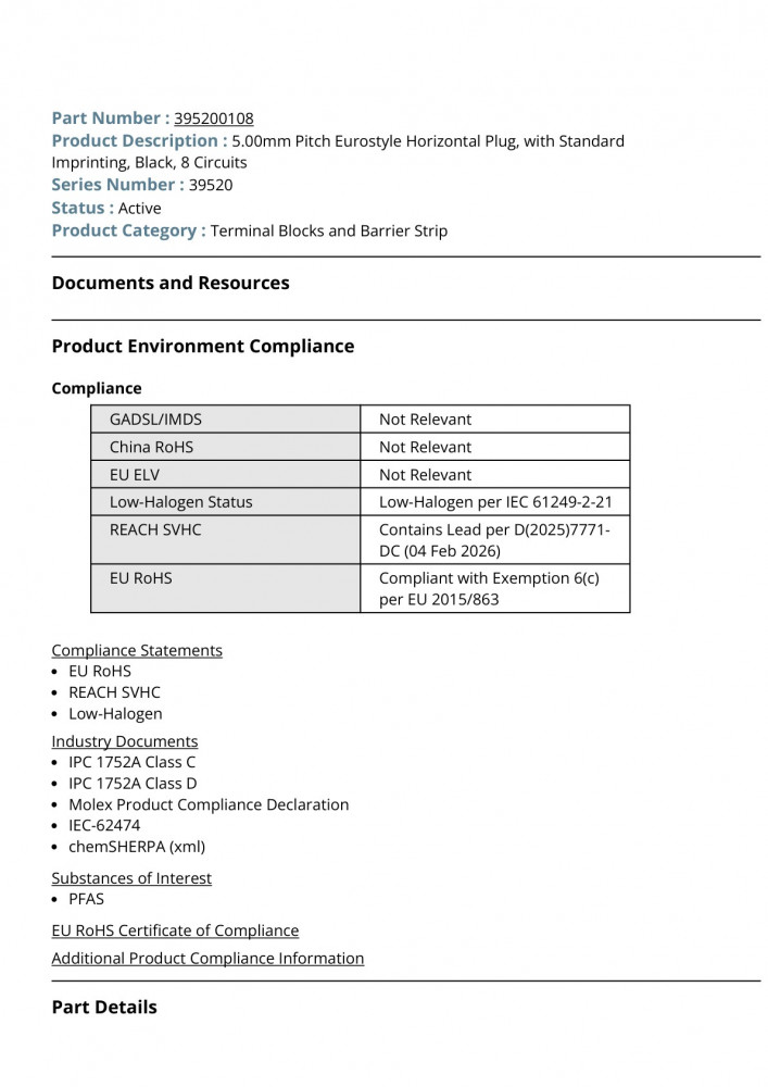 Technical document page 1 for MOLEX 395200108
