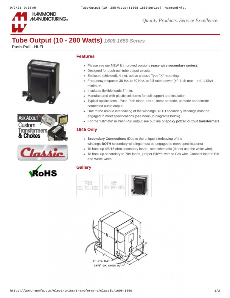 Hammond 1650F technical document page 1