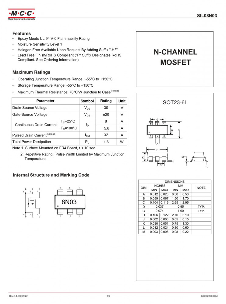 SIL08N03-TP datasheet page 1