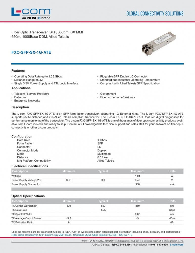 FXC-SFP-SX-1G-ATE datasheet page 1