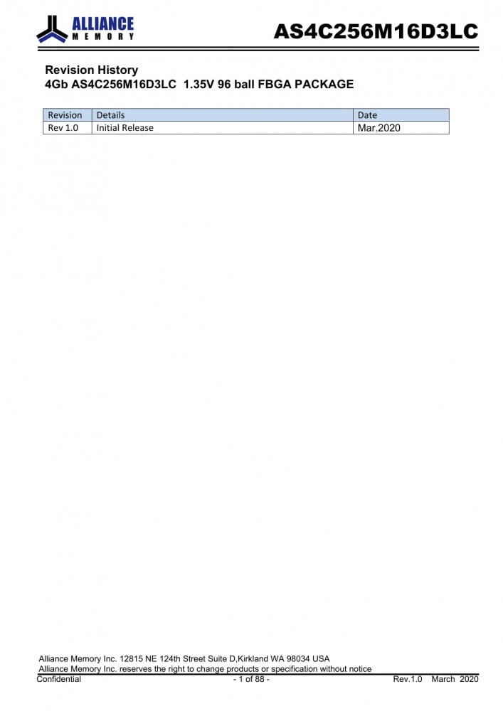 AS4C256M16D3LC-10BIN datasheet page 1