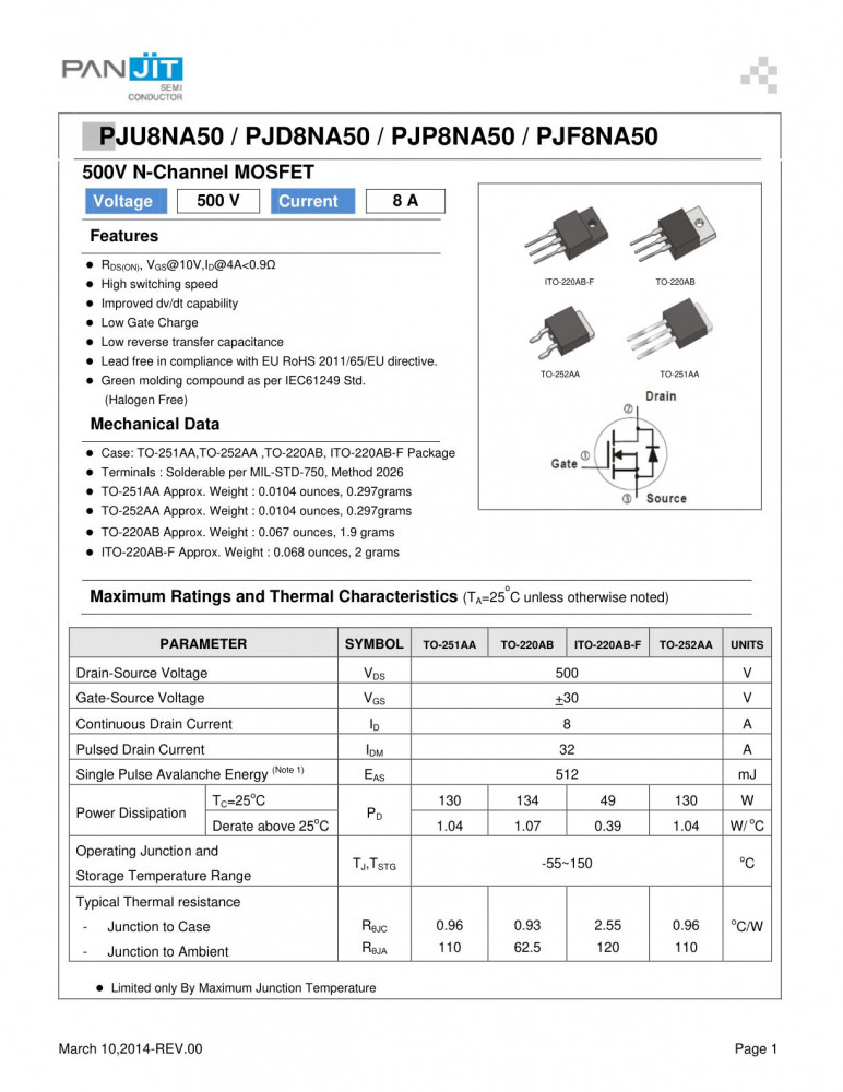 PANJIT PJD8NA50 datasheet page 1