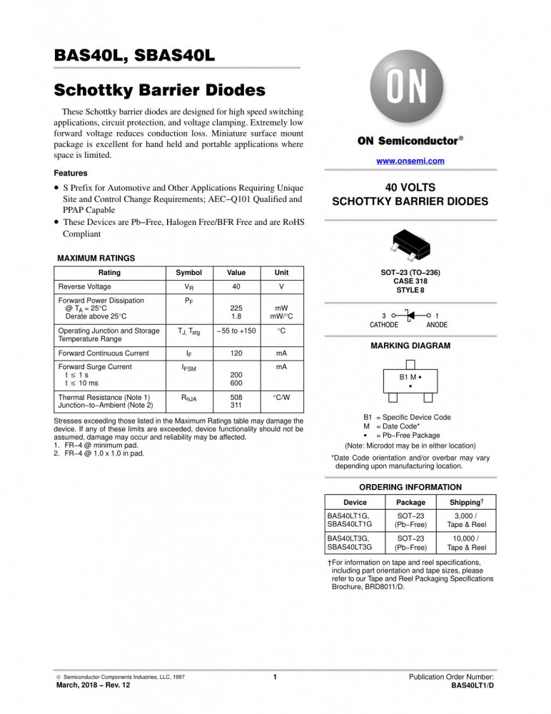 BAS40LT1G datasheet page 1
