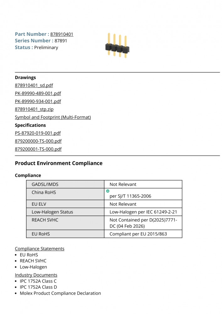 Technical document image 1 for MOLEX 878910401