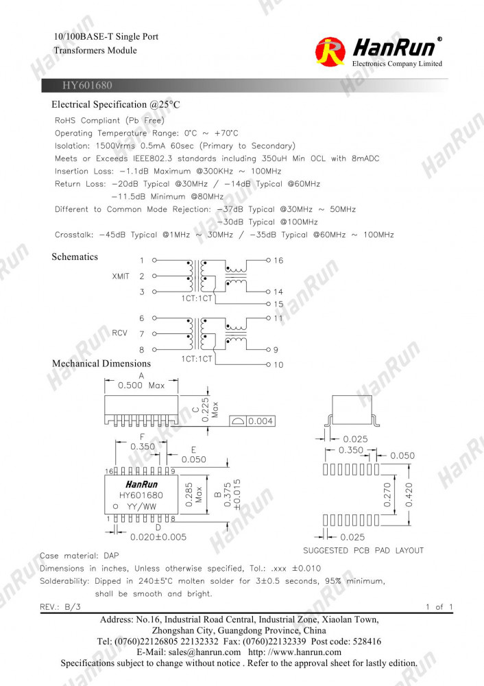 HY601680 technical drawing and electrical specifications