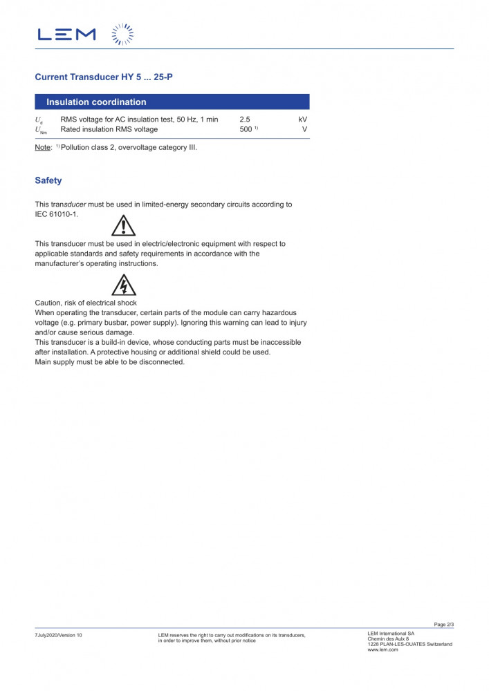 LEM HY 12-P technical document page 2