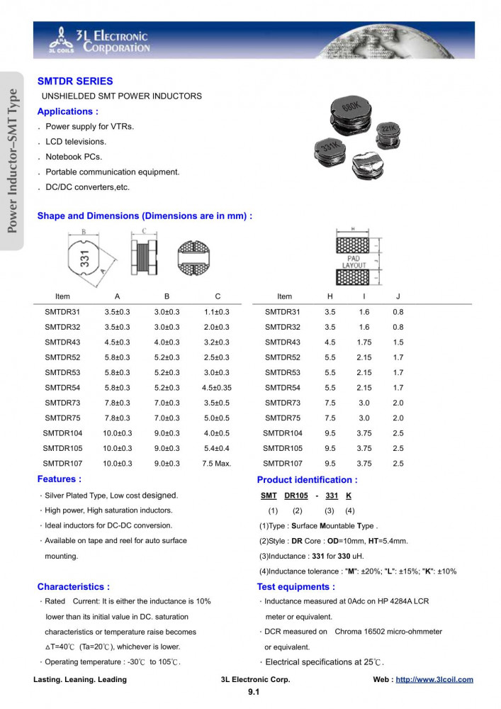 3L COILS SMTDR series product datasheet page 1