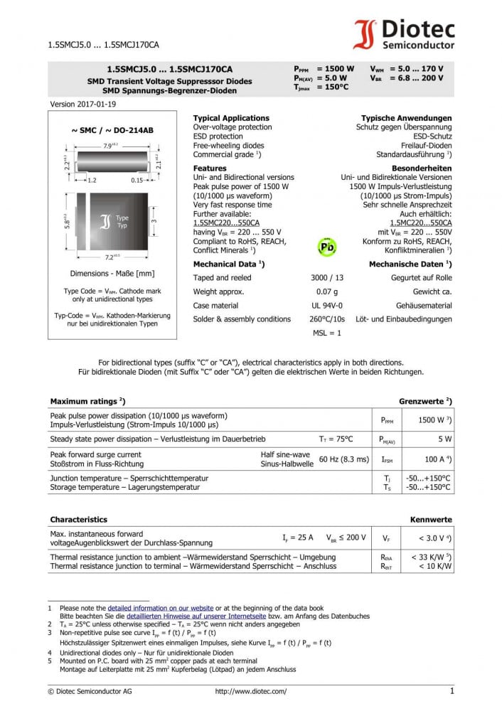 DIOTEC 1.5SMCJ TVS diode datasheet page 1
