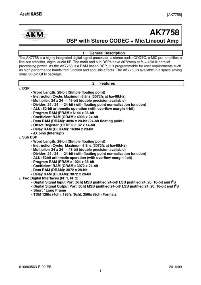 AK7758 technical document page 1