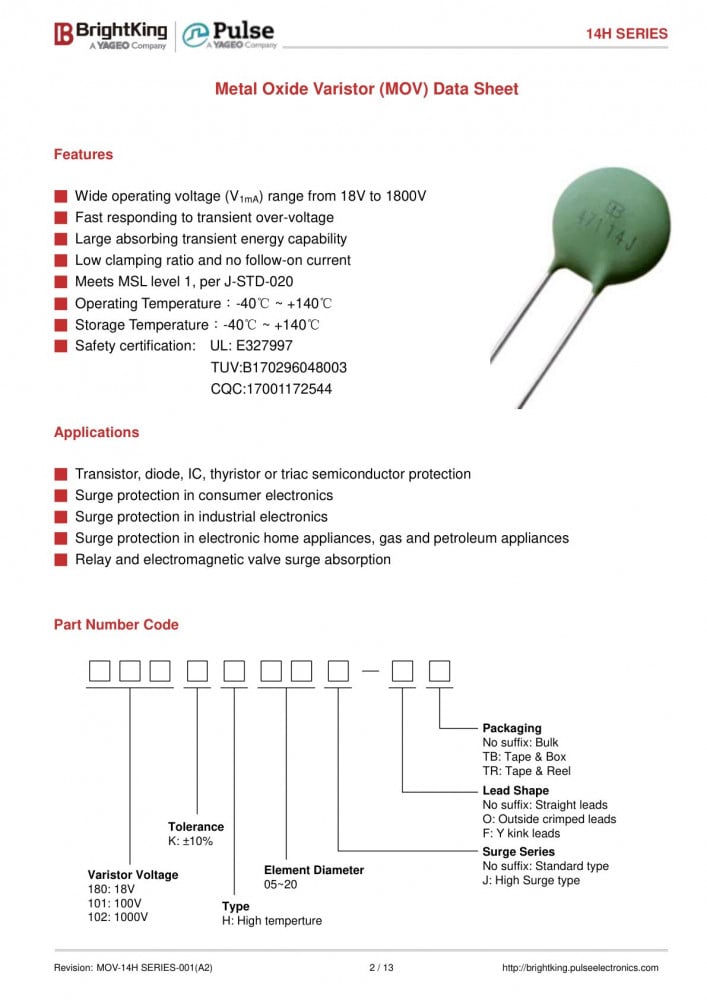 BrightKing MOV datasheet page 1