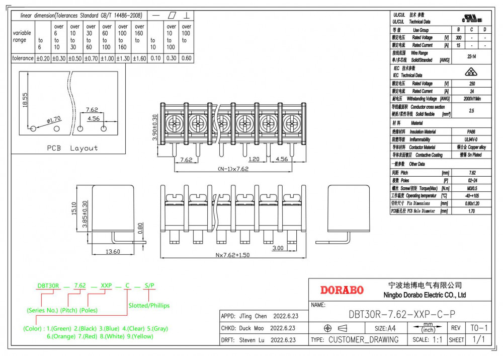 DORABO DBT30R-7.62 terminal block technical drawing