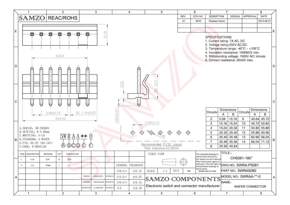 SAMZO 5WRAA040 wafer connector technical drawing