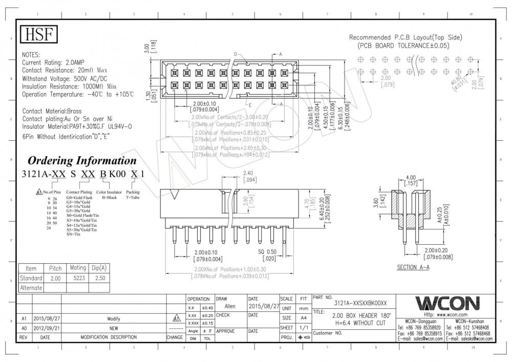 Wcon 3121A series 2.00 mm box header technical drawing