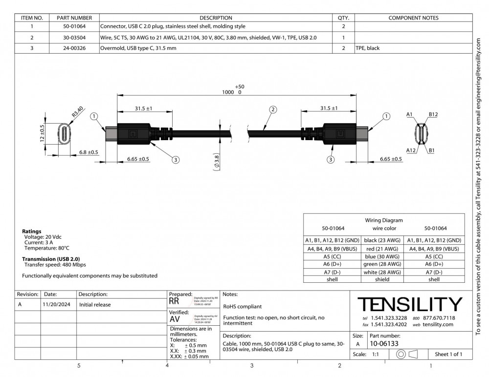 Tensility International 10-06133 USB-C cable assembly product drawing