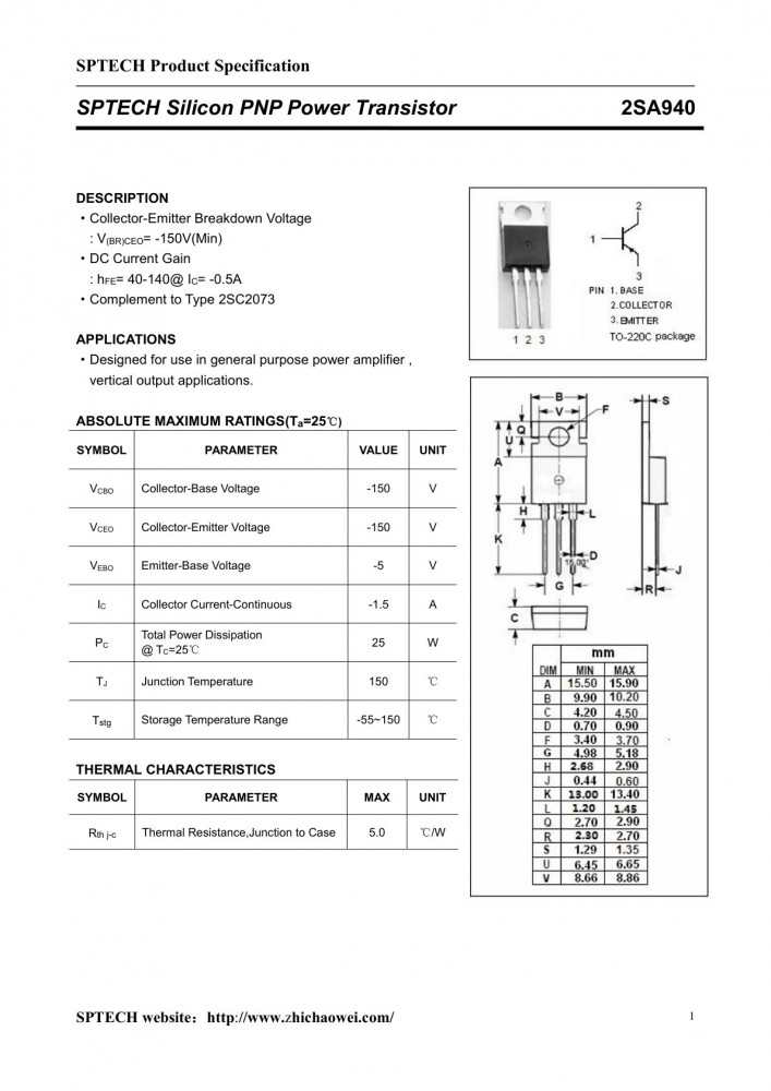 2SA940 SPTECH datasheet page 1