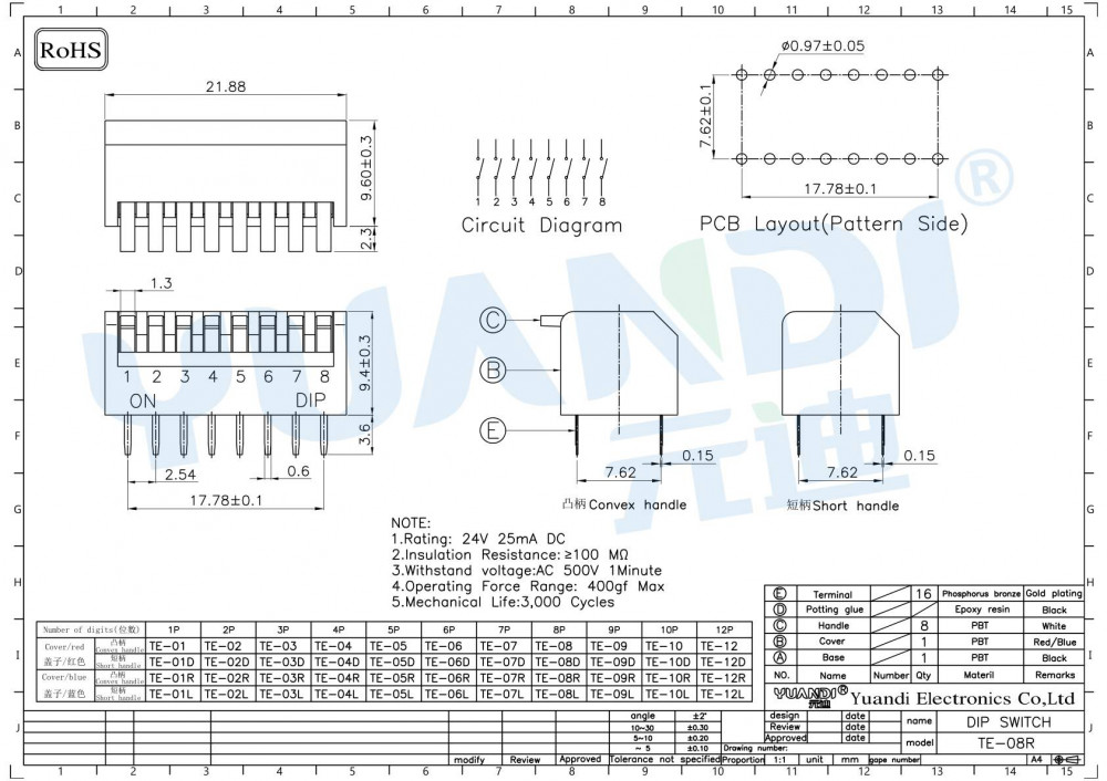 YUANDI TE-08R DIP switch technical drawing
