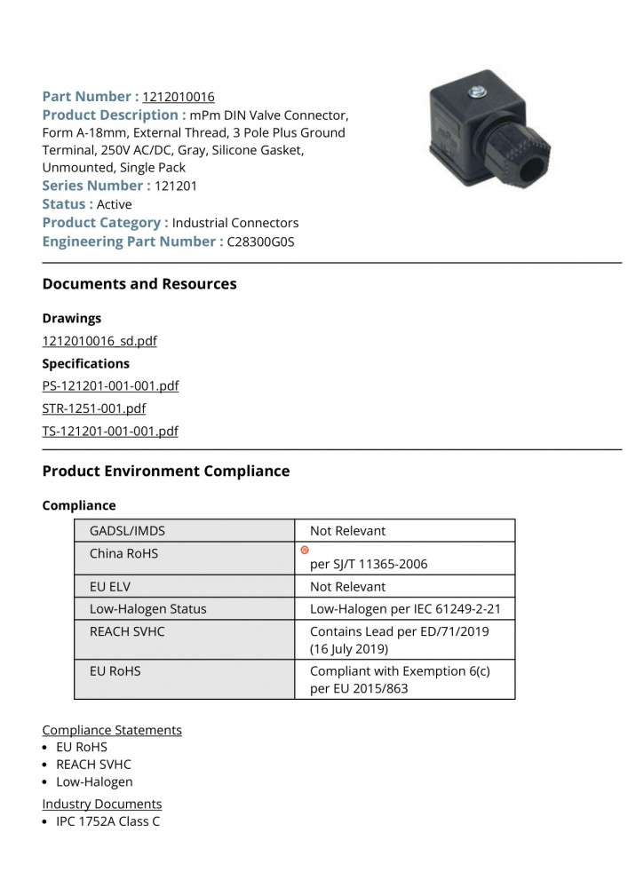 Molex DIN valve connector product specification page 1