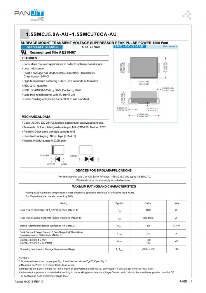 PANJIT TVS datasheet page 1