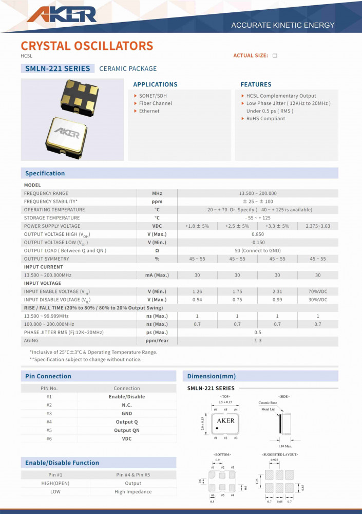 AKER SMLN-221 Series HCSL crystal oscillator document image