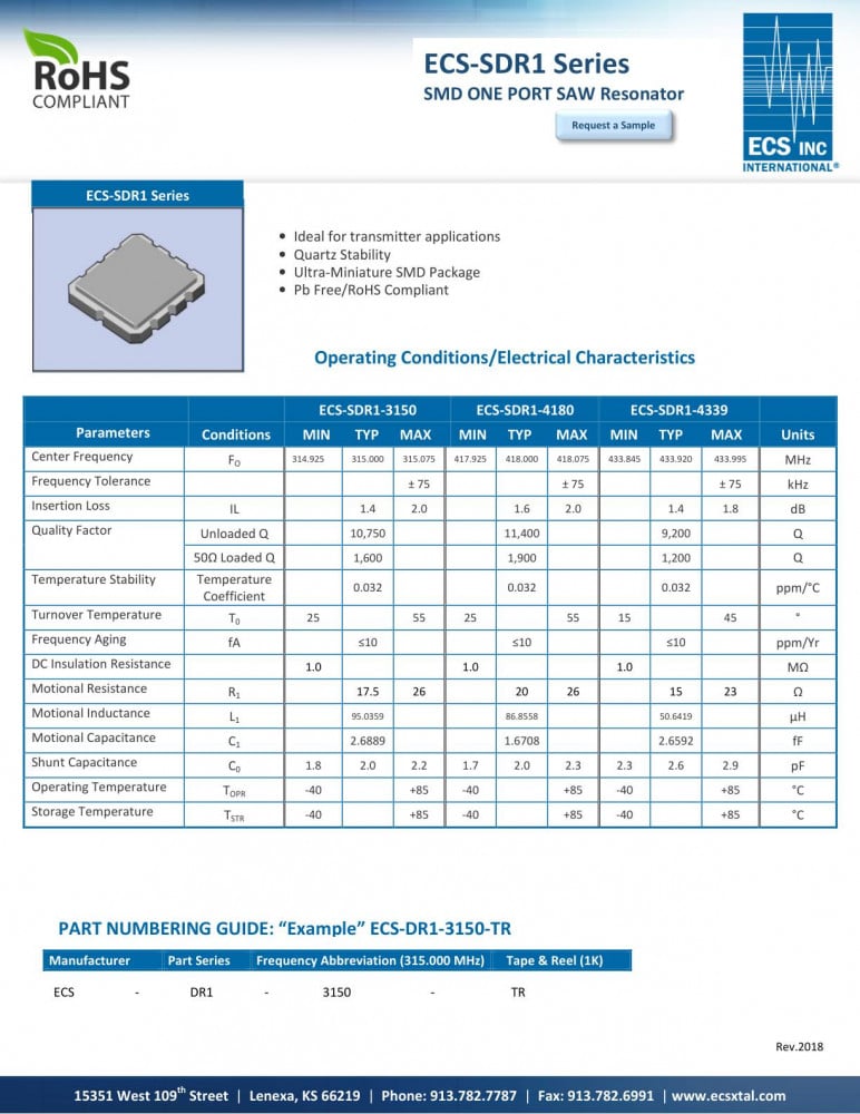 ECS-SDR1 series electrical characteristics and technical data