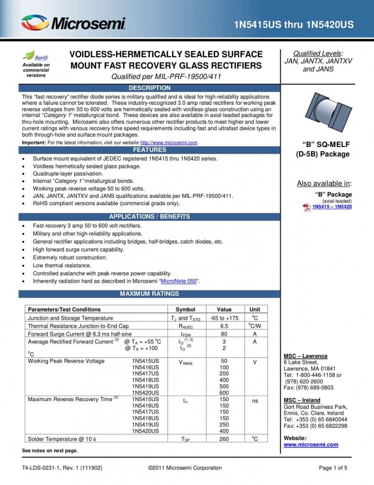 JANTX1N5418US datasheet page 1