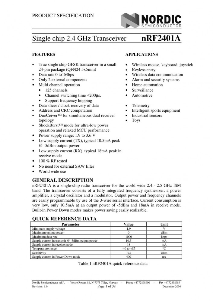 NRF2401AG datasheet page 1