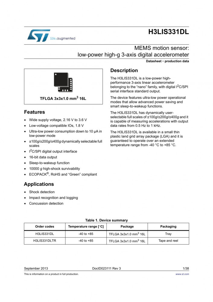 H3LIS331DL document page 1