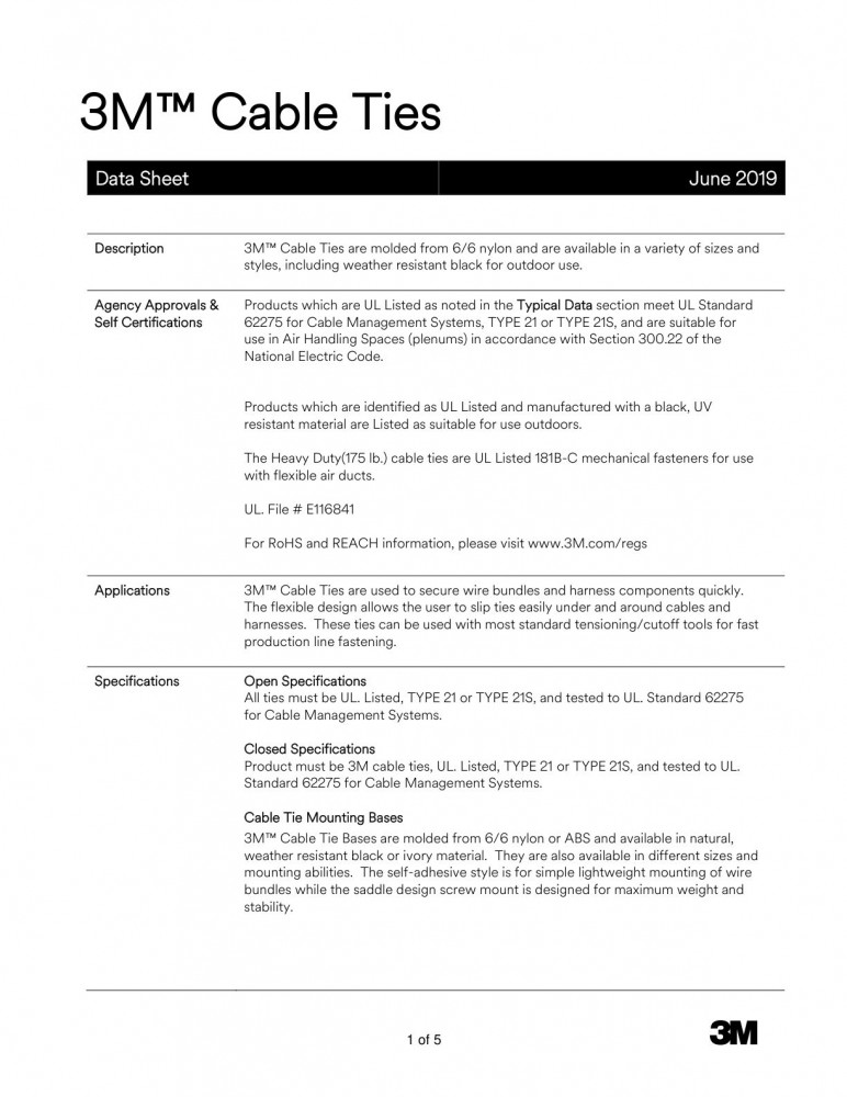 3M Cable Ties datasheet page 1