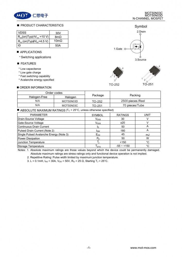 MOT50N03D datasheet page 1