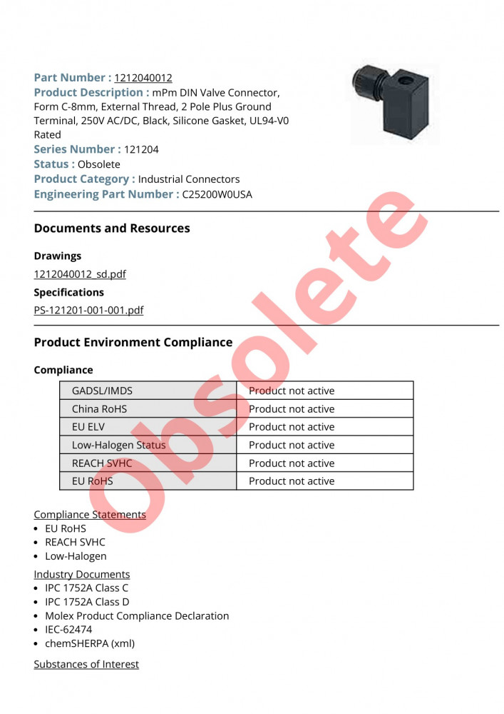 DIN Valve Connectors specification, page image 1