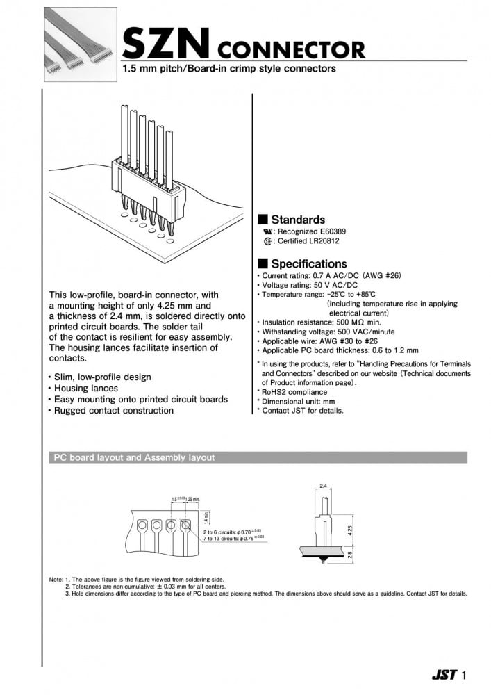 JST SZN series technical document page 1