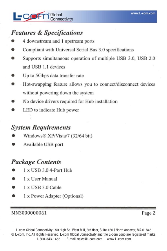 L-com USB-HUB-3.0 manual page 2