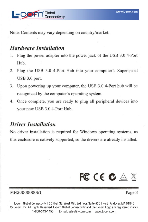 L-com USB-HUB-3.0 manual page 3
