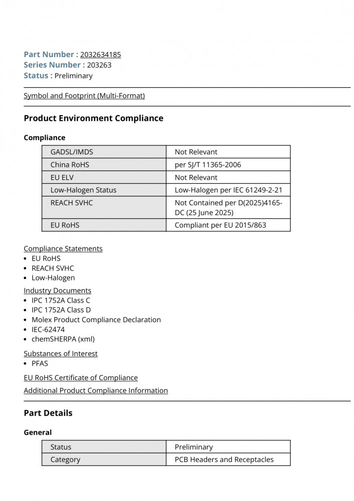 MOLEX product document page 1 for model 2032634185