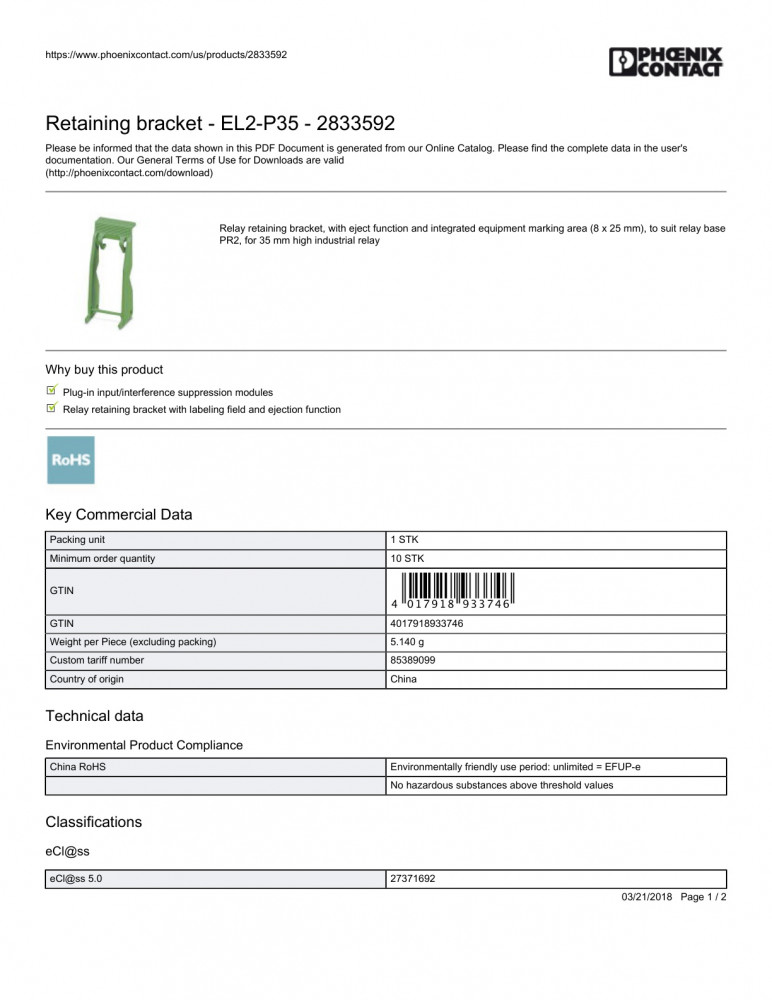 Phoenix Contact EL2-P35 retaining bracket product document page 1