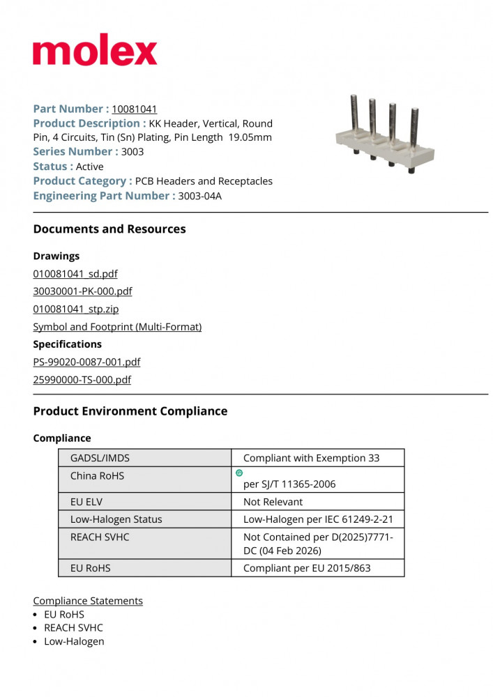 MOLEX KK 508 connector product specification, page preview 1