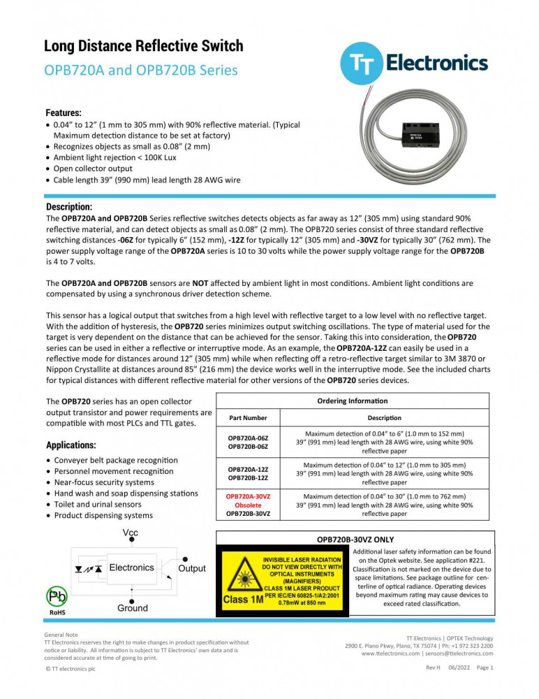 OPB720B-12Z technical document page 1