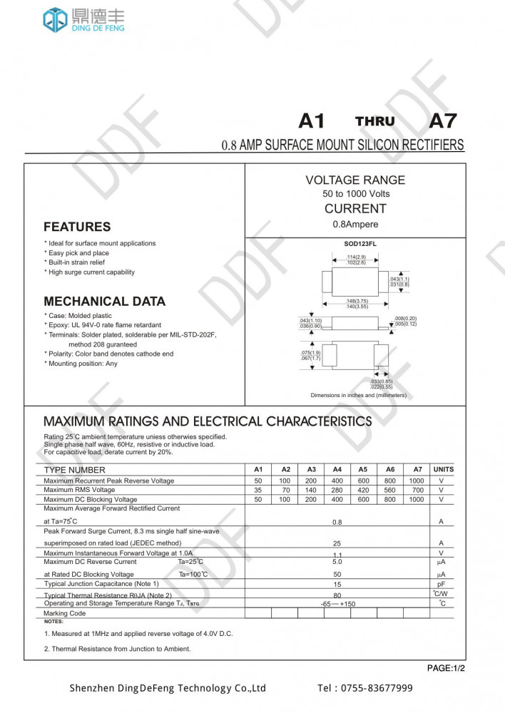 DDF A1 rectifier diode datasheet page 1