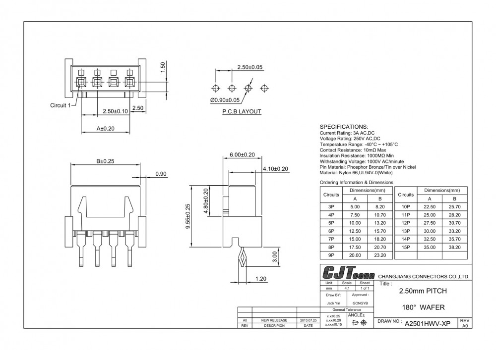 CJT A2501HWV-6P technical drawing and specifications