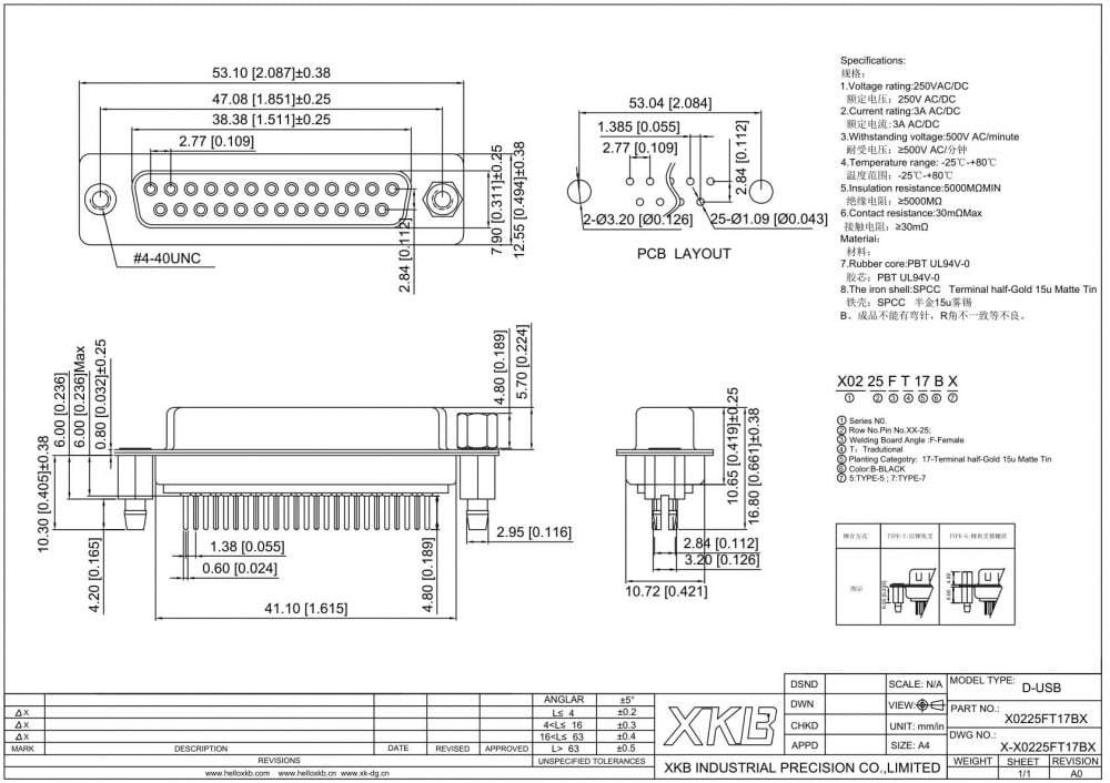 XKB Connection X0225FT17B7 technical drawing