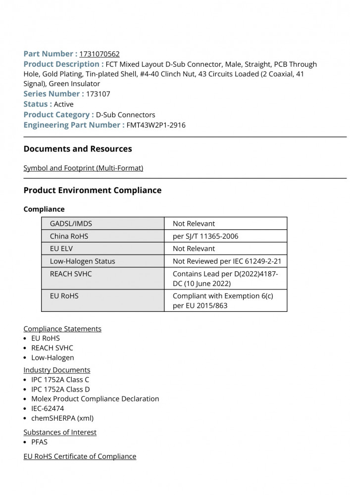 Technical document page 1 for MOLEX 1731070562