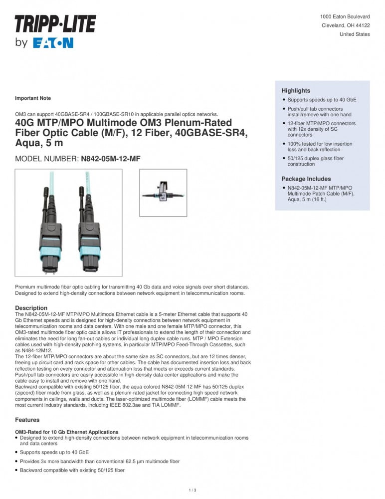 EATON N842-05M-12-MF technical document page 1
