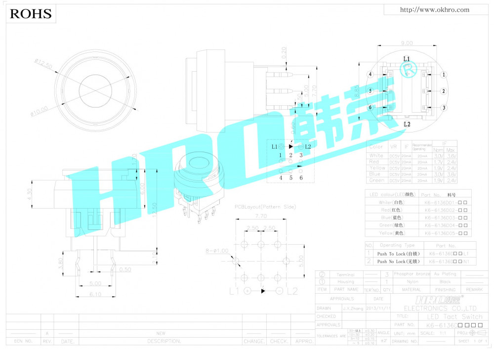 K6-6136D03-N1 LED tact switch technical drawing